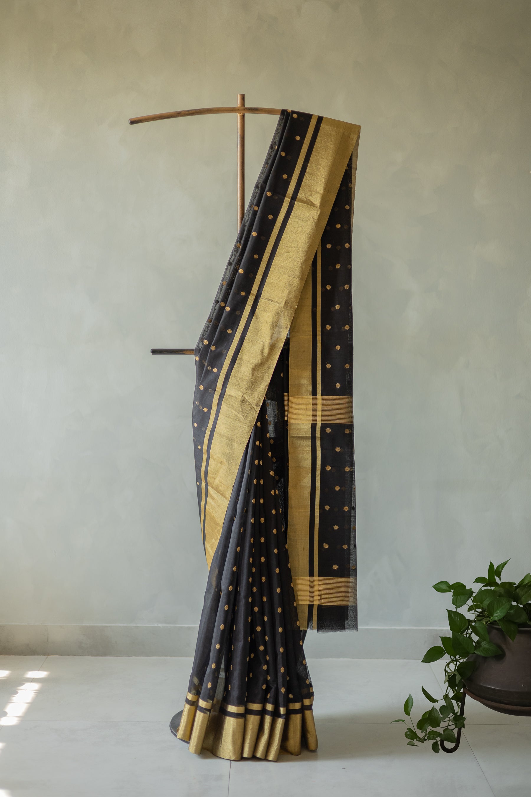 Black Chanderi Silk with Gold Motif and Border Saree – Anu Vardhan Designs