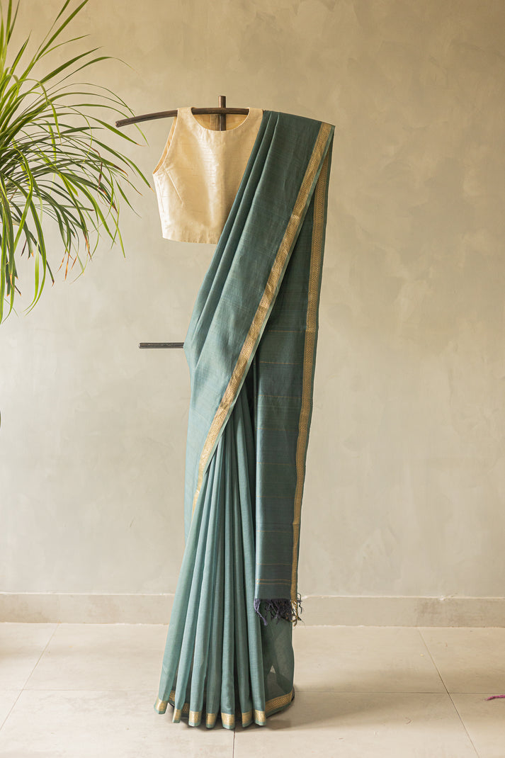 Light Blue Plain Silk Cotton Saree with Thin Traditional Border Saree ...