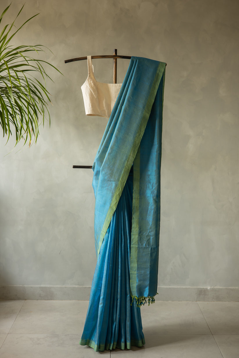 Teal Blue with Green Border Mangalagiri Silk Cotton Saree – Anu Vardhan ...