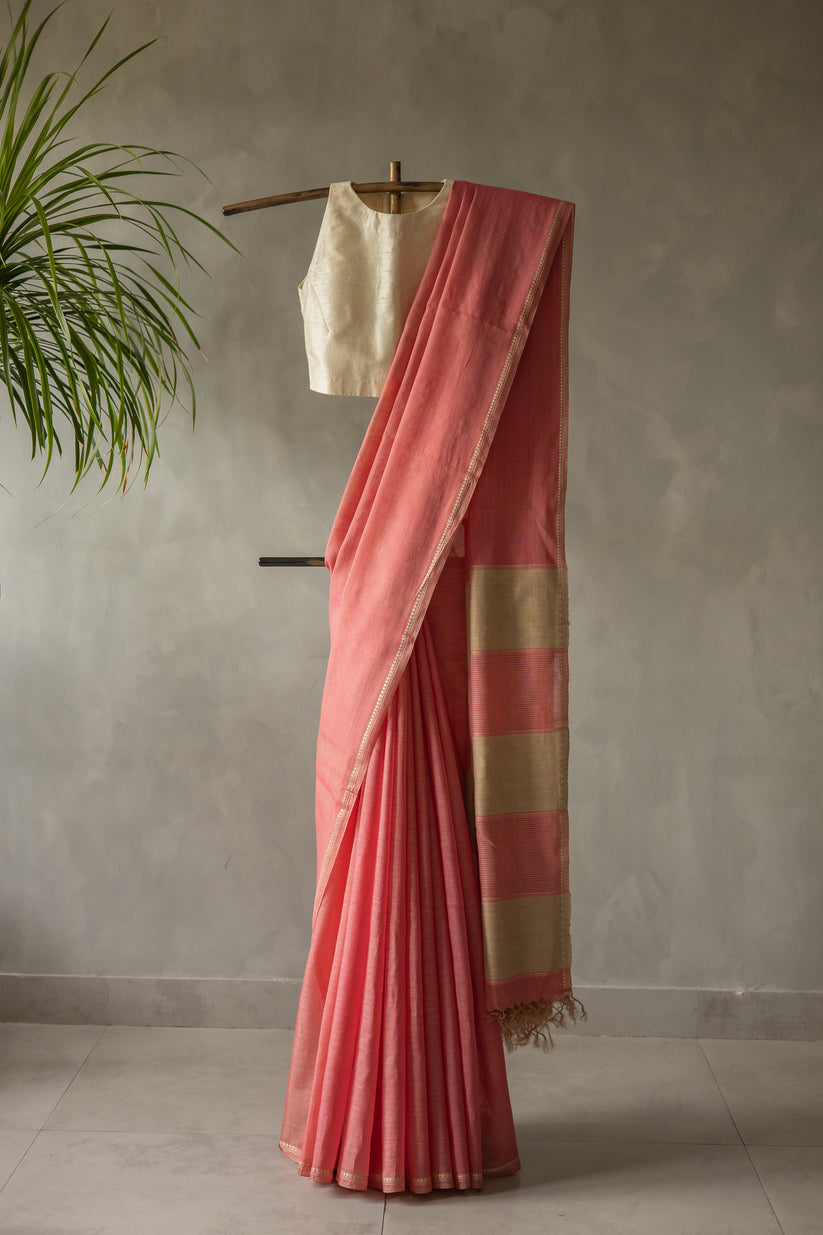 Salmon Pink Cotton with Beige Stripe Pallu Saree – Anu Vardhan Designs