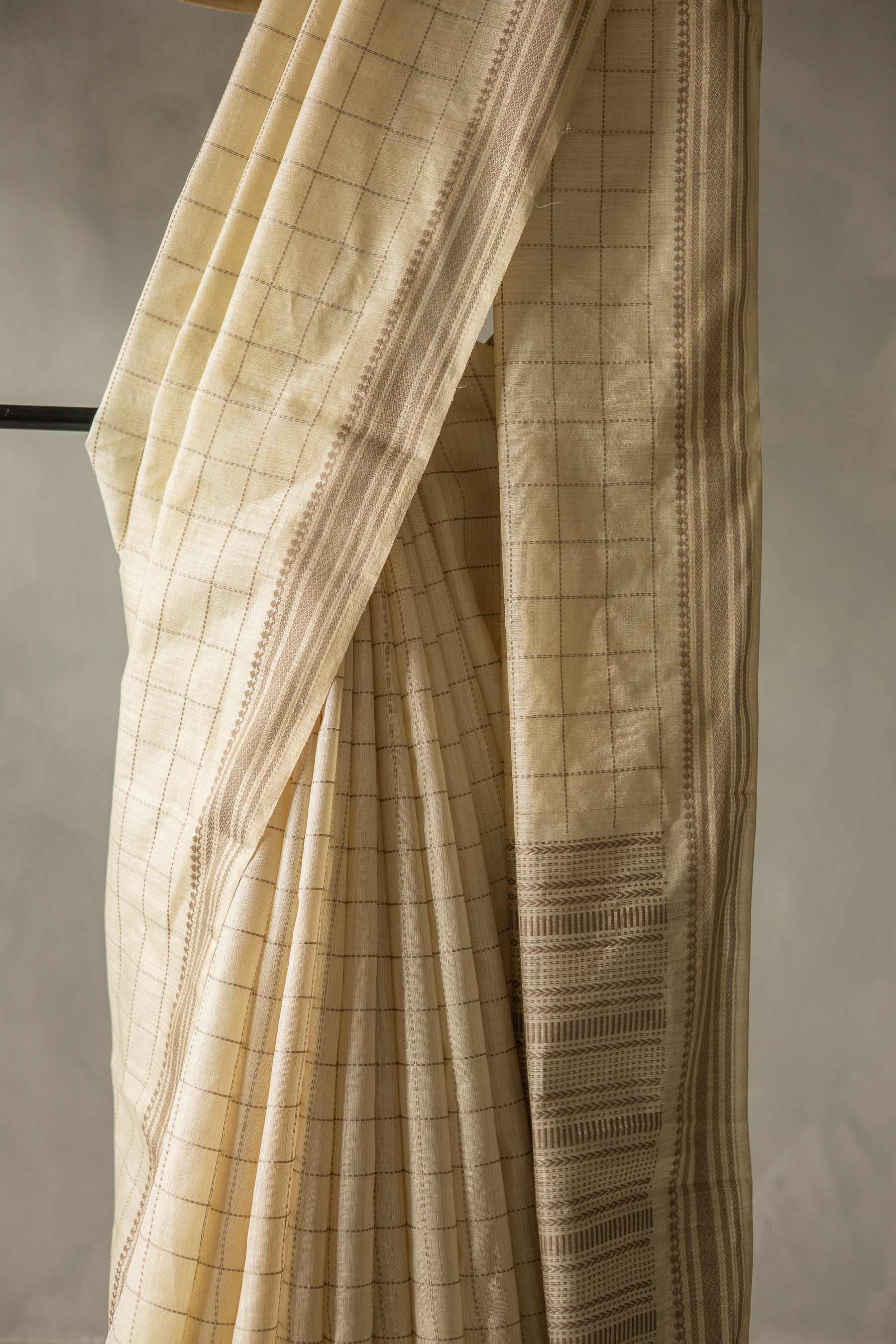 Beige Tussar Muga with Brown Checks Woven Saree – Anu Vardhan Designs